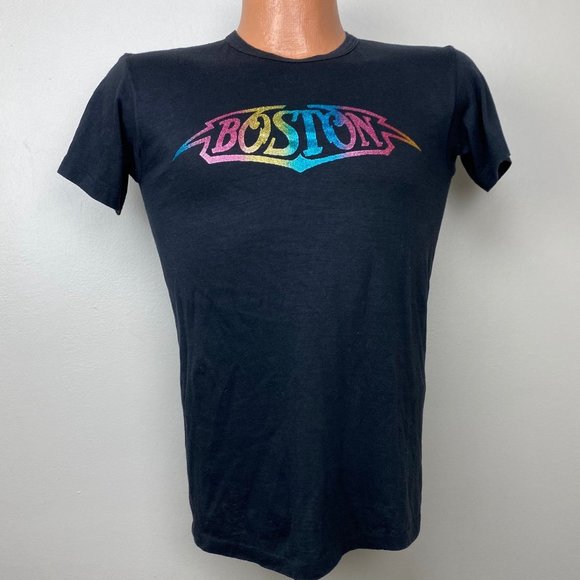 Vintage 1970s Boston Band T Shirt Rainbow Glitter Size Small Tees Short Sleeve
